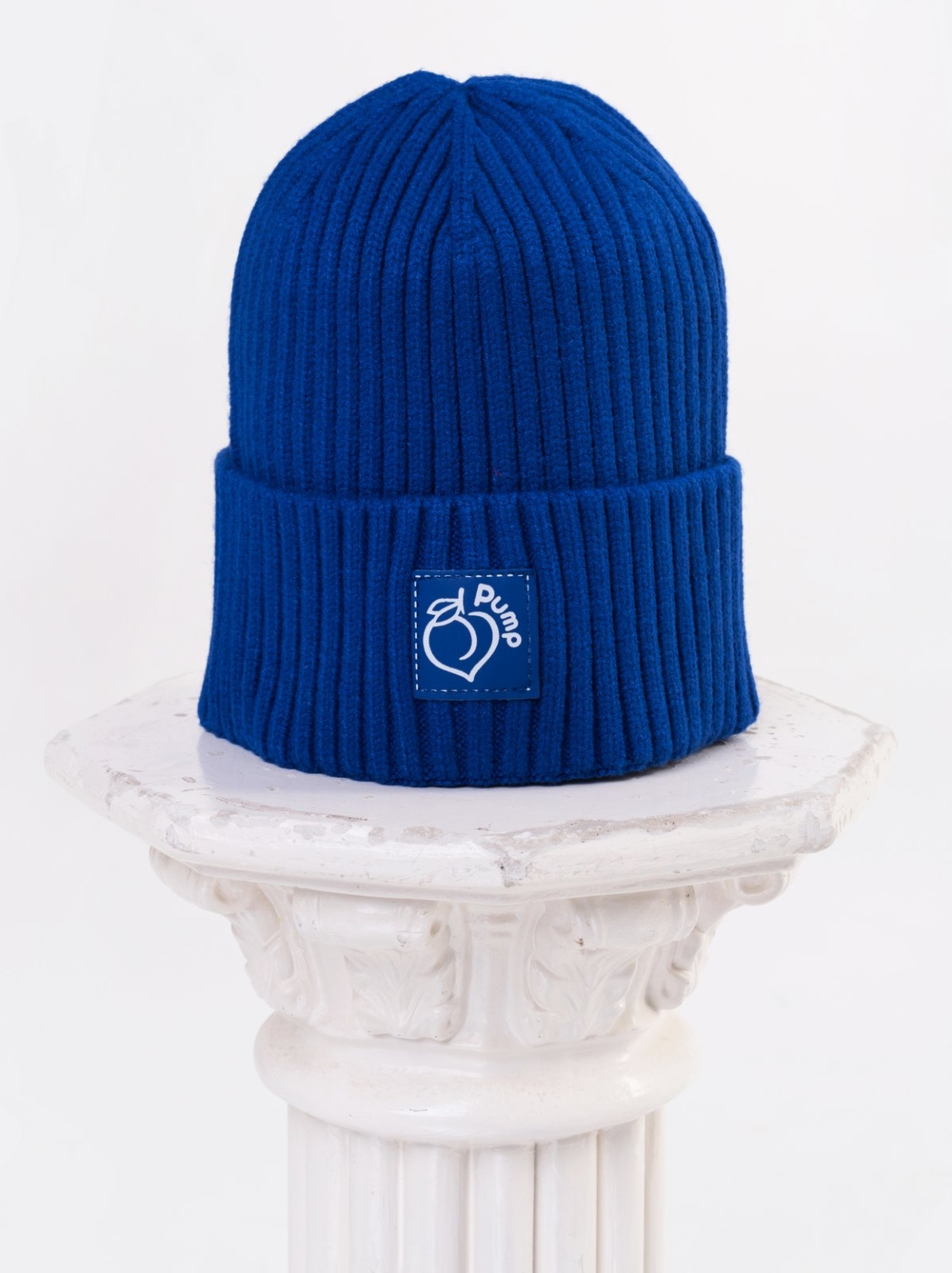Blue beanie hat with Peach Pump leather logo - Peach Pump